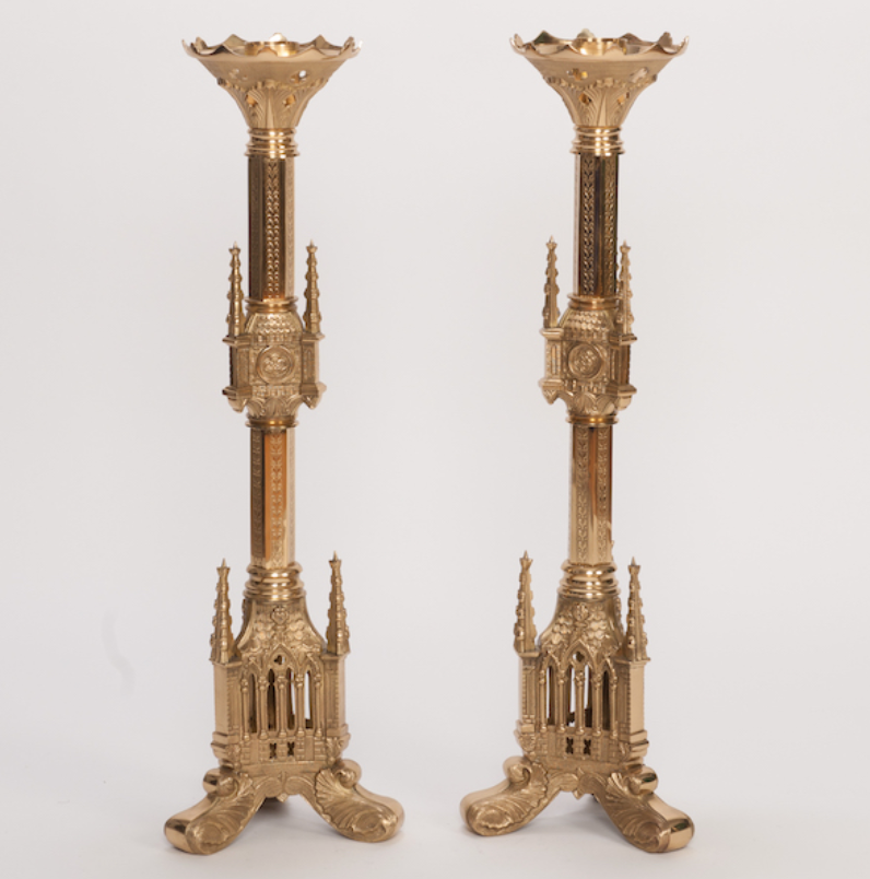 H-125 GOTHIC CANDLESTICKS 30" all brass – Fynders Keepers Brokerage LLC