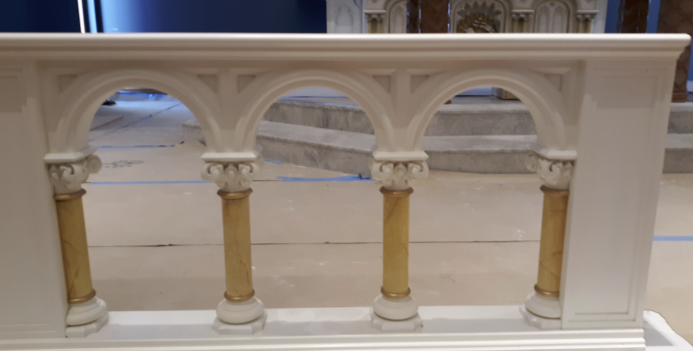 Romanesque Custom Altar Railing and antique altar install – Fynders Keepers